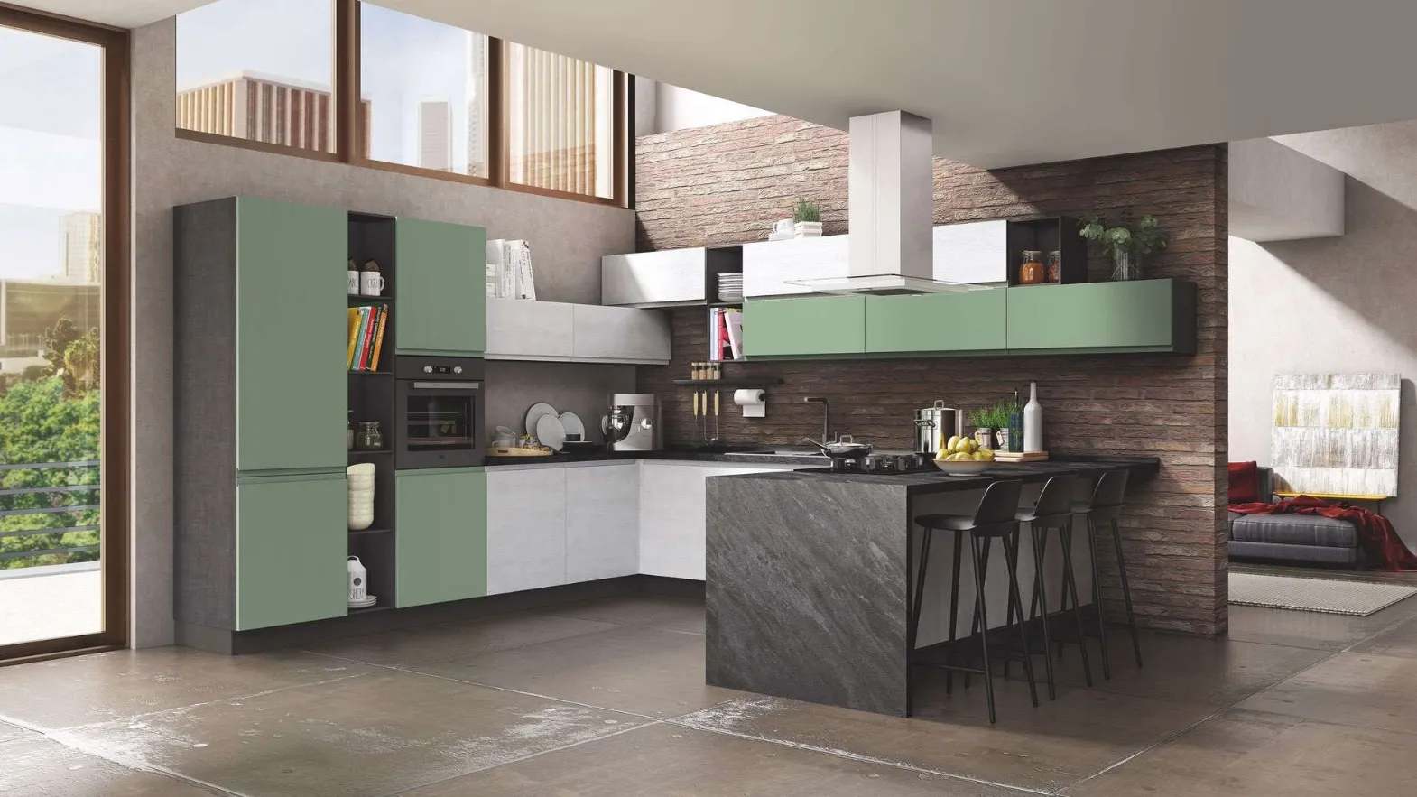 Cucina Moderna Kelly Frassino Bianco e Verde Salvia Opaco di Net Cucine
